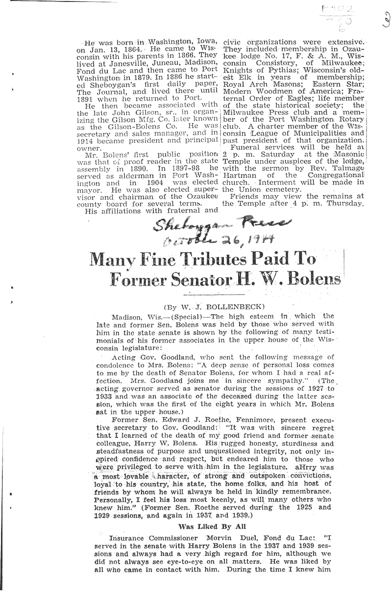 Senator Bolens is dead at 80 | Newspaper Article/Clipping | Wisconsin ...