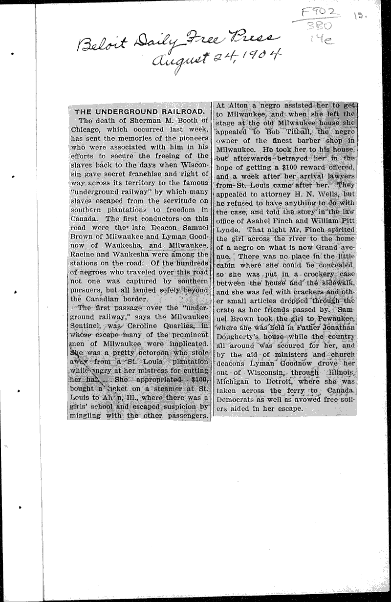 The Underground Railroad | Newspaper Article/Clipping | Wisconsin ...