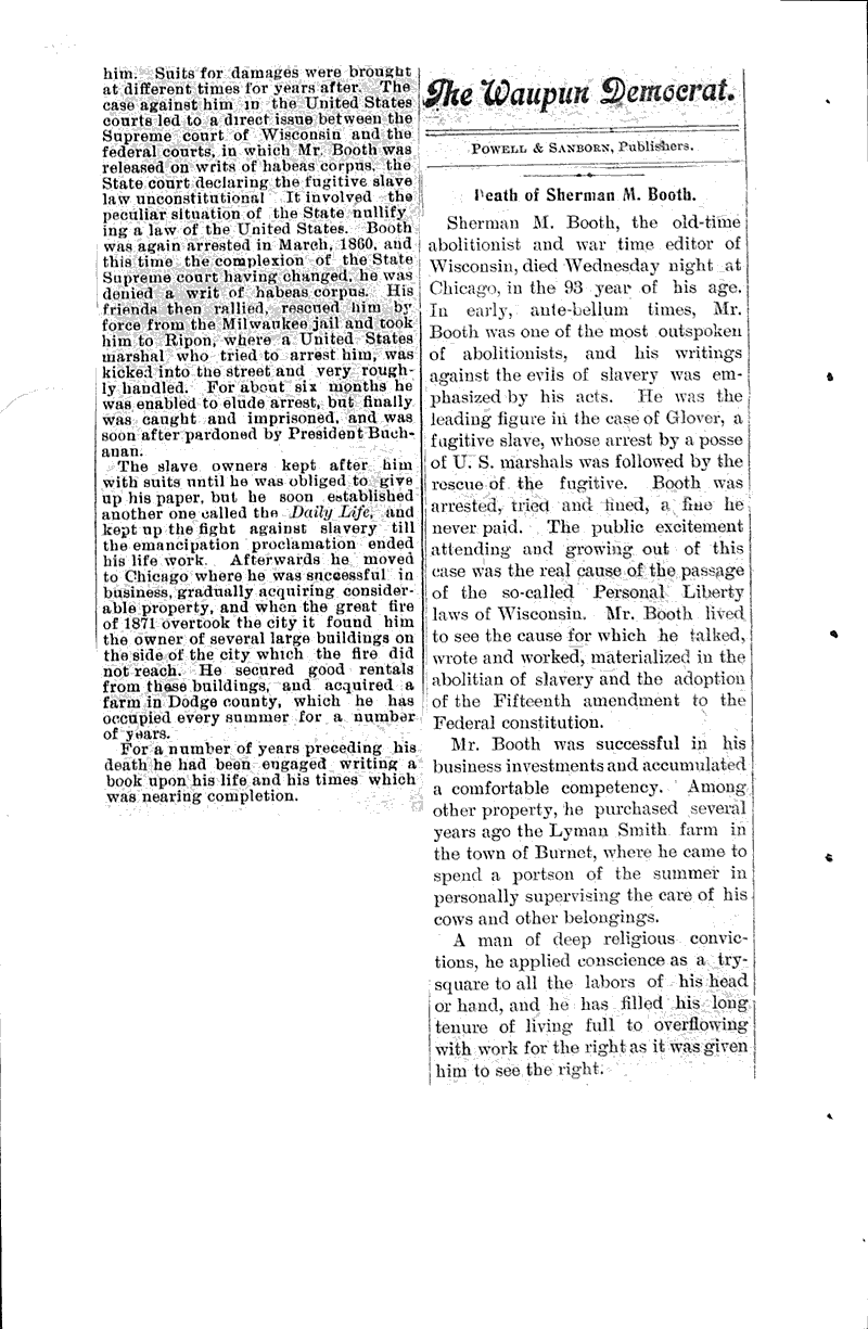 Death of Sherman M. Booth | Newspaper Article/Clipping | Wisconsin ...