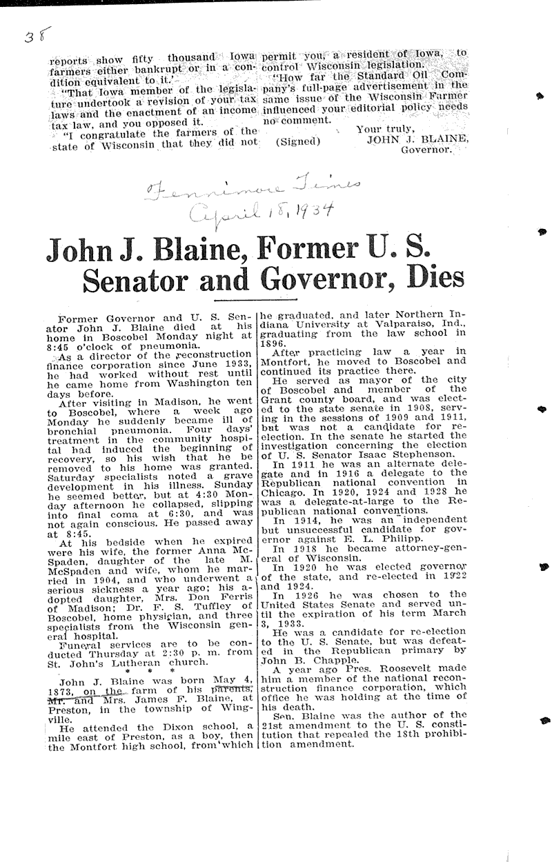 John J. Blaine, former U. S. senator and governor, dies | Newspaper Article/Clipping | Wisconsin ...
