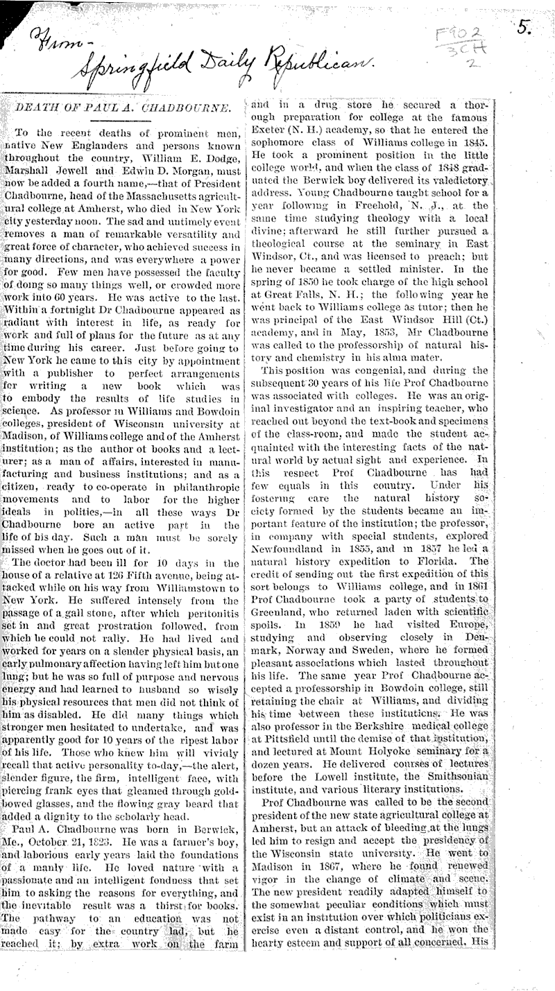 Death of Paul A. Chadbourne | Newspaper Article/Clipping | Wisconsin ...