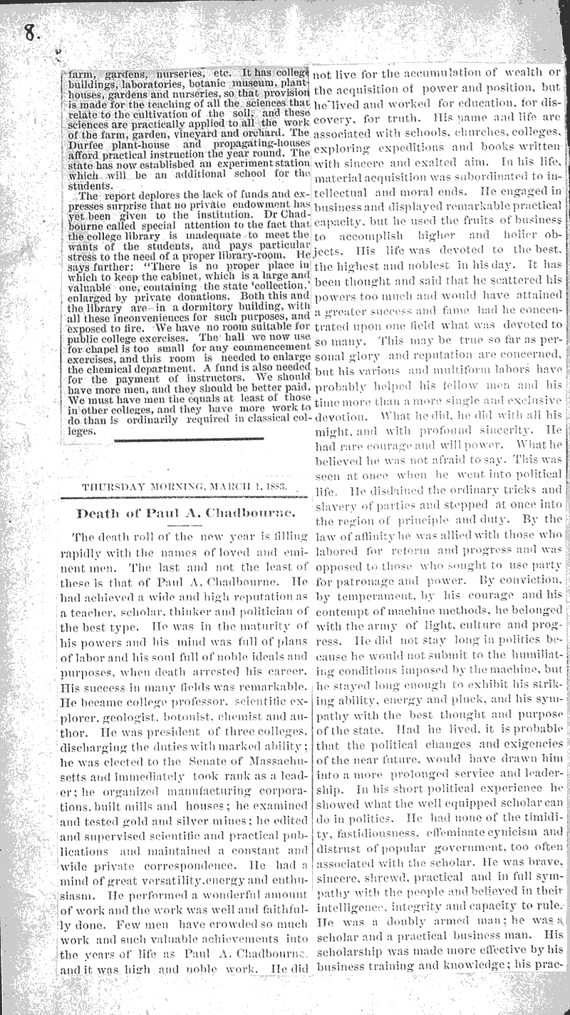 Death of Paul A. Chadbourne | Newspaper Article/Clipping | Wisconsin ...