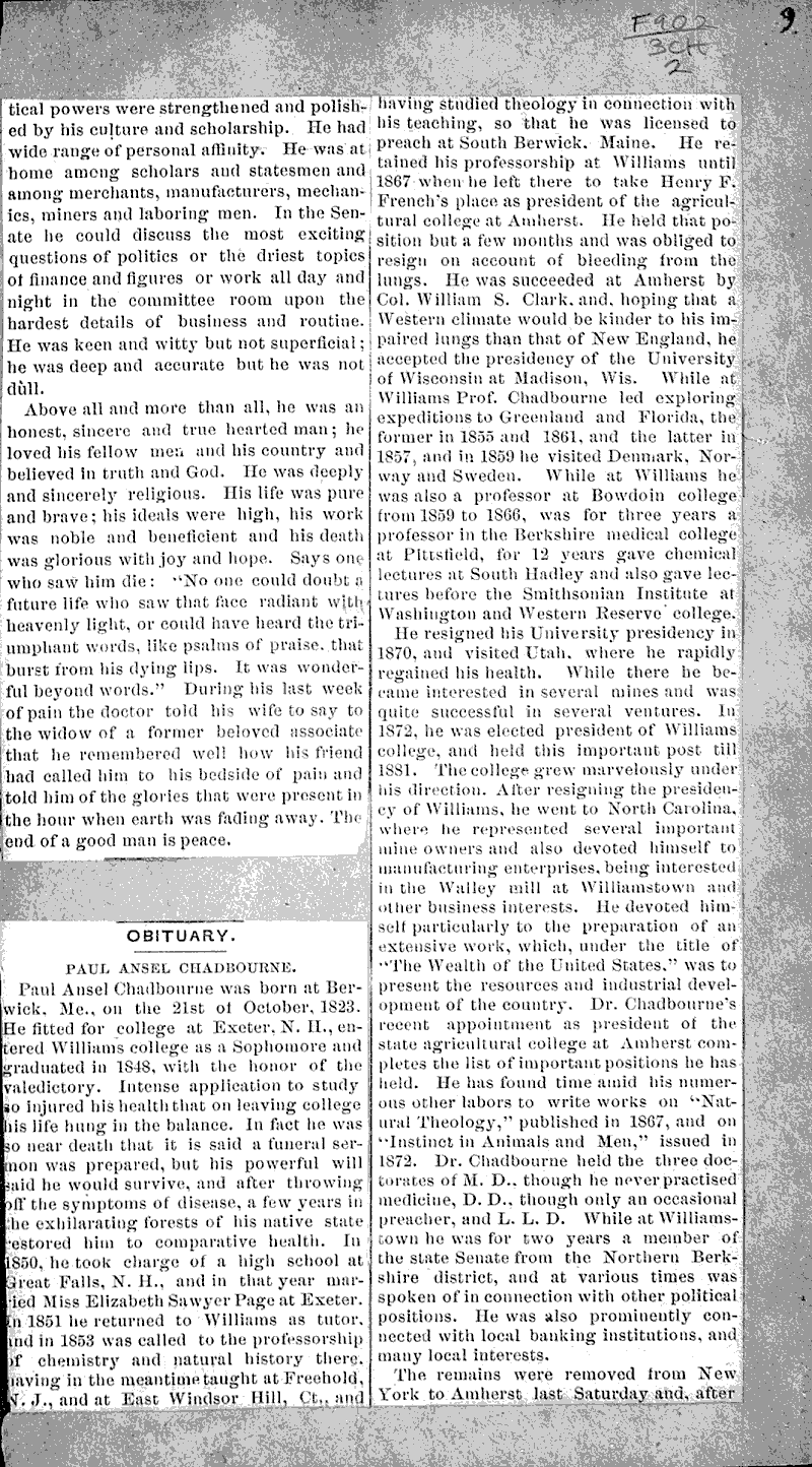 Death of Paul A. Chadbourne | Newspaper Article/Clipping | Wisconsin ...