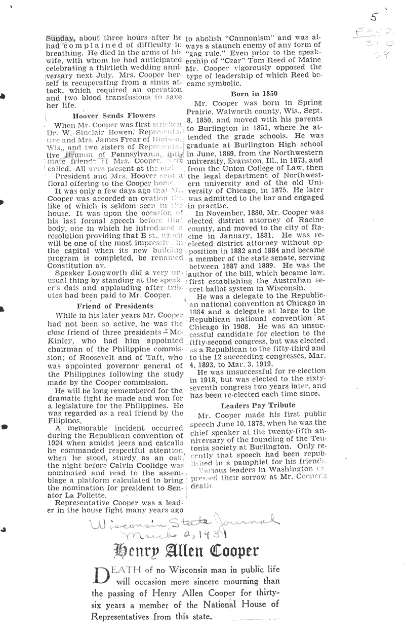 Henry Allen Cooper | Newspaper Article/Clipping | Wisconsin Historical ...