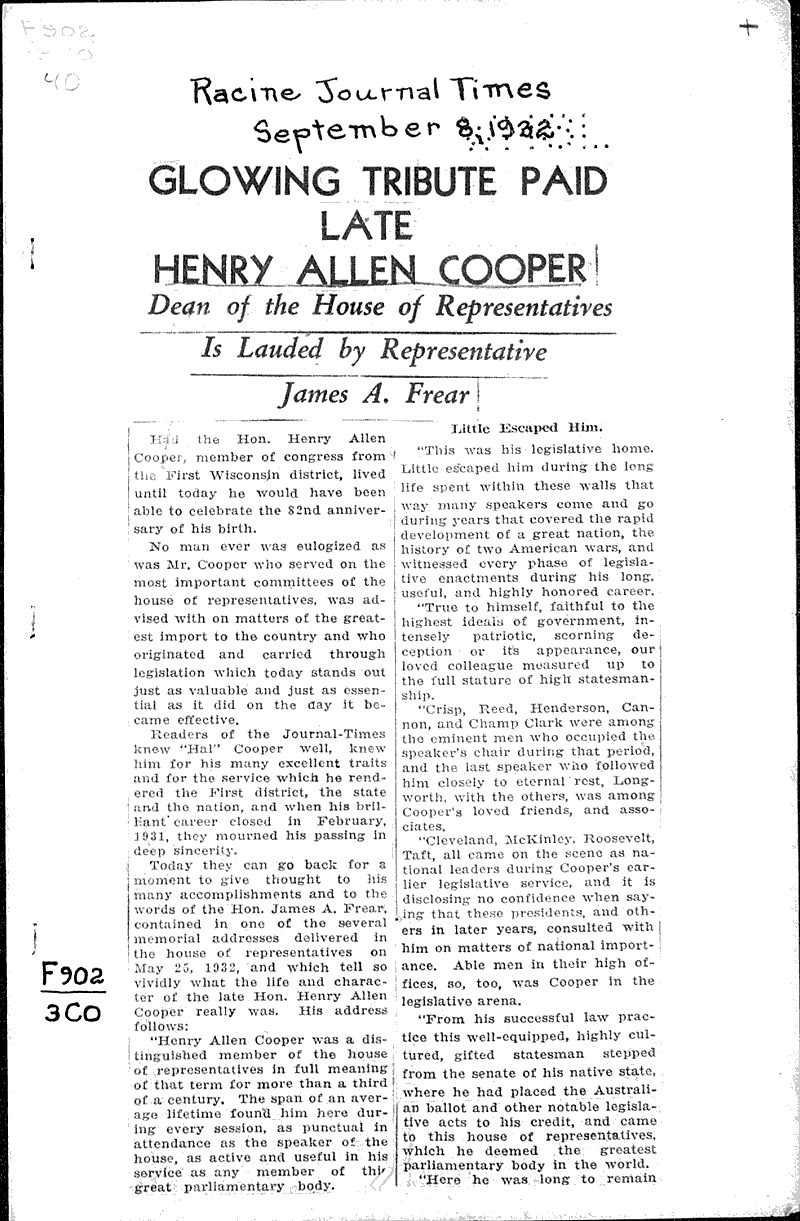 Glowing tribute paid late Henry Allen Cooper | Newspaper Article ...