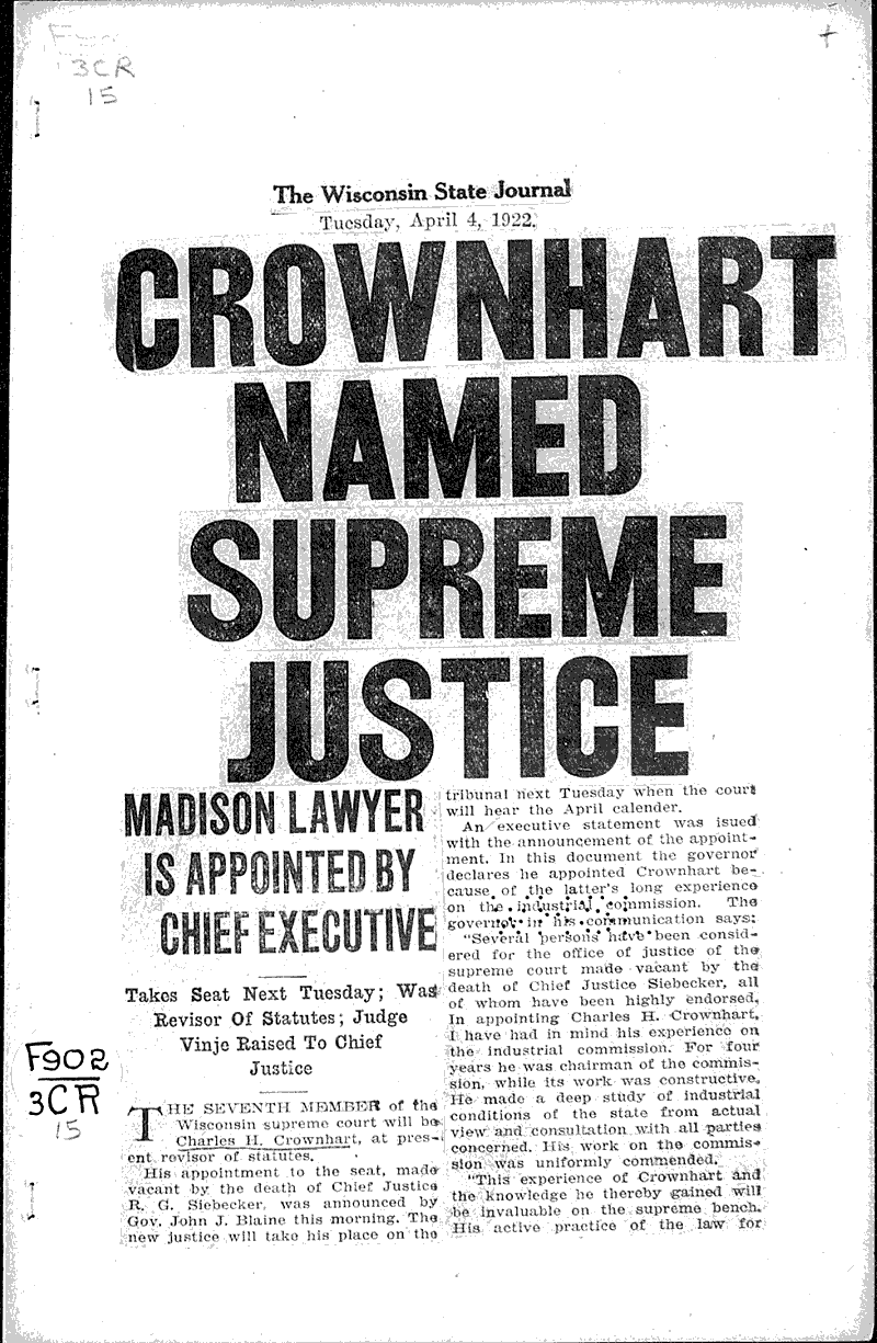 Crownhart named supreme justice | Newspaper Article/Clipping ...