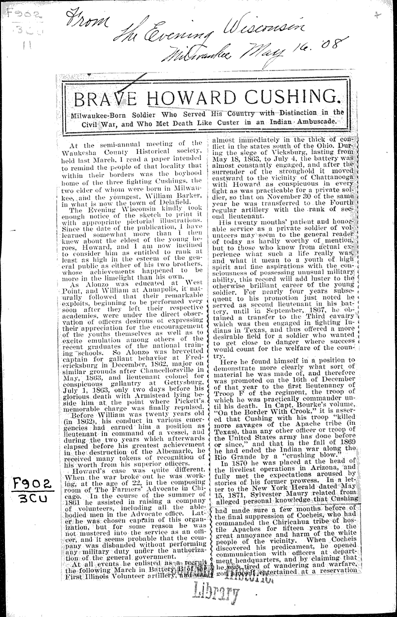 Brave Howard Cushing | Newspaper Article/Clipping | Wisconsin ...