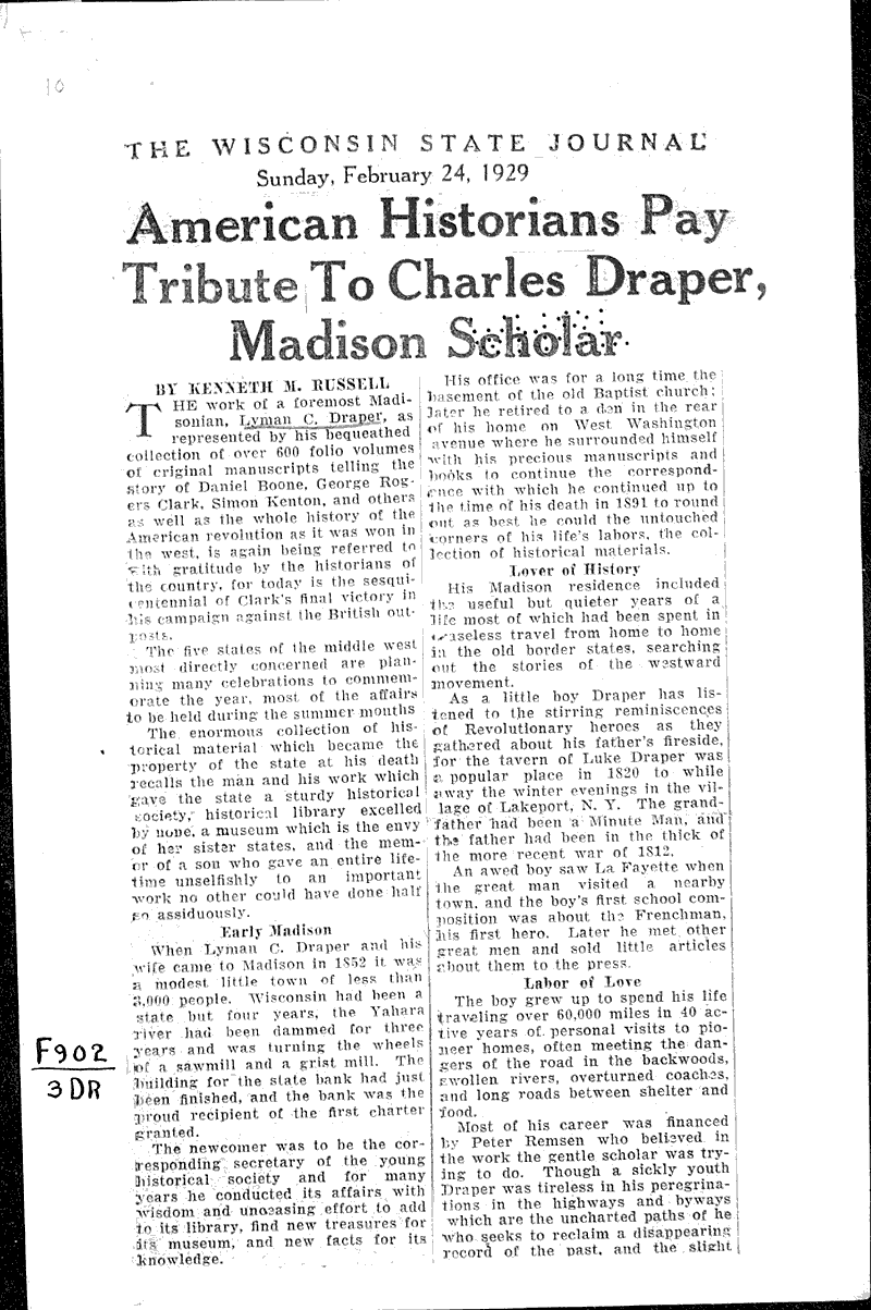 American historians pay tribute to Charles Draper, Madison scholar ...