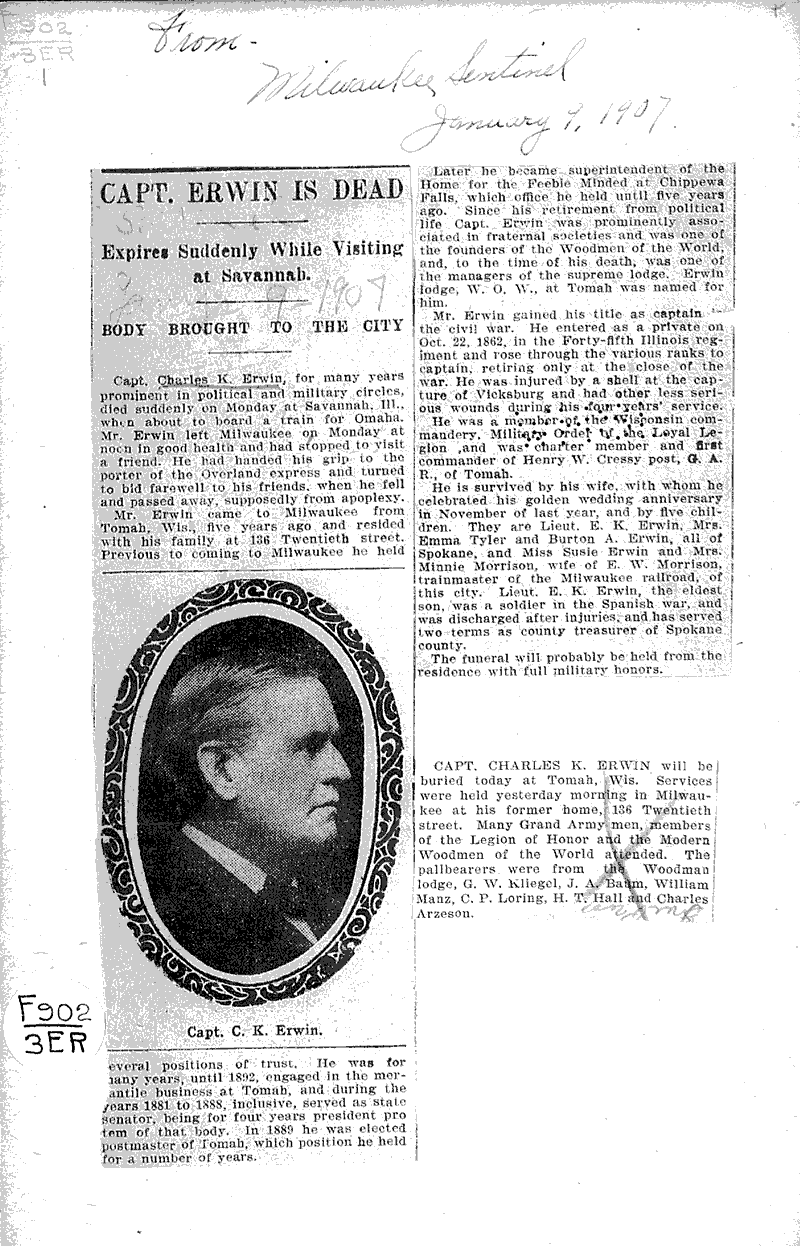 Capt. erwin is dead | Newspaper Article/Clipping | Wisconsin Historical ...