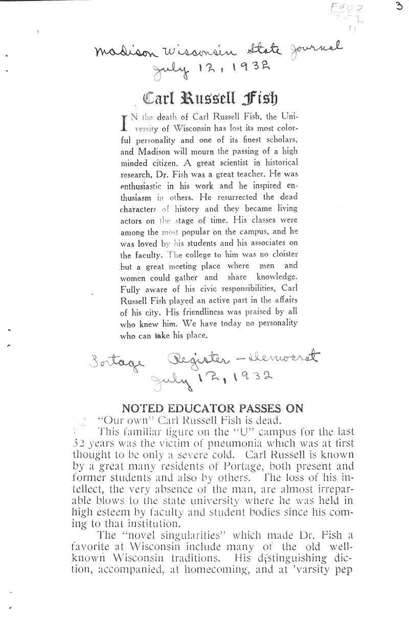 Carl russell fish | Newspaper Article/Clipping | Wisconsin Historical ...