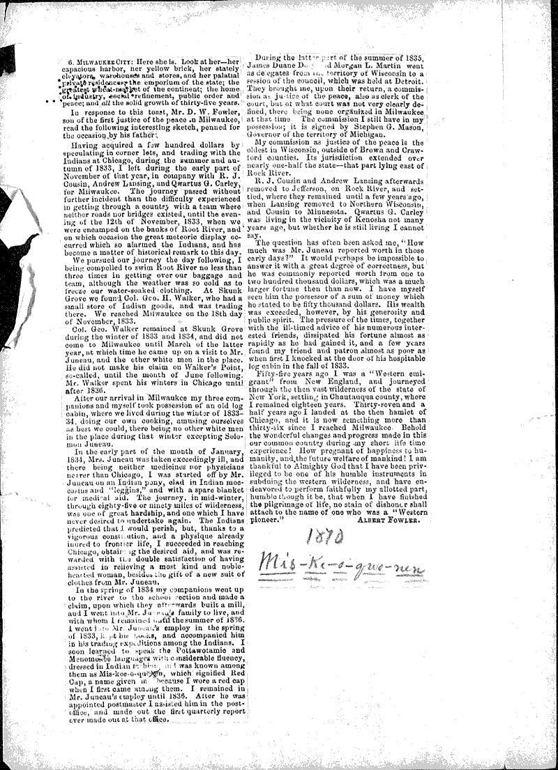 [Albert Fowler] | Newspaper Article/Clipping | Wisconsin Historical Society