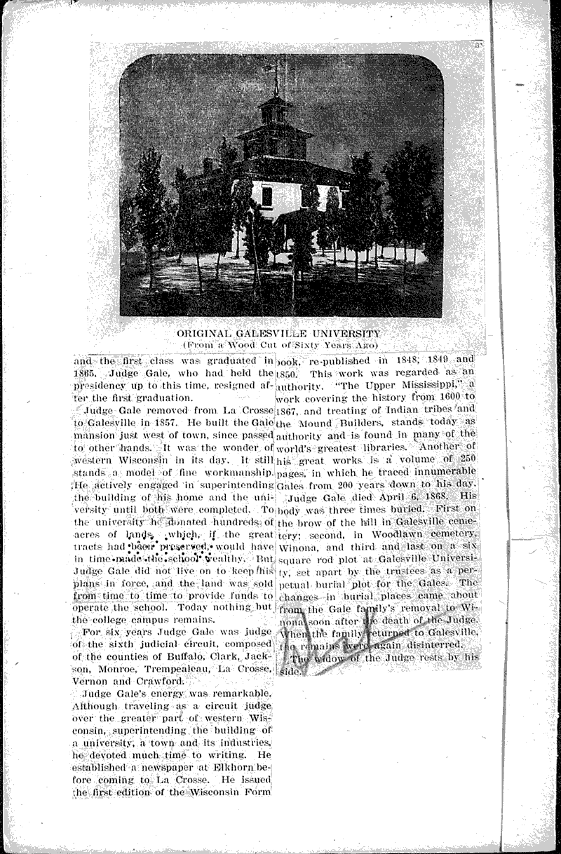 One hundred eighth anniversary of Judge Gale, founder of Galesville and ...