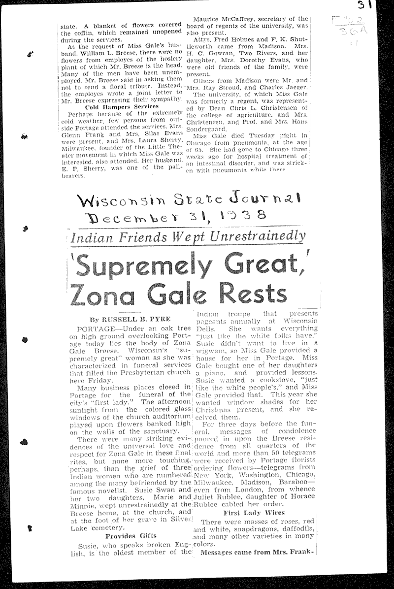 'Supremely great,' Zona Gale rests | Newspaper Article/Clipping ...