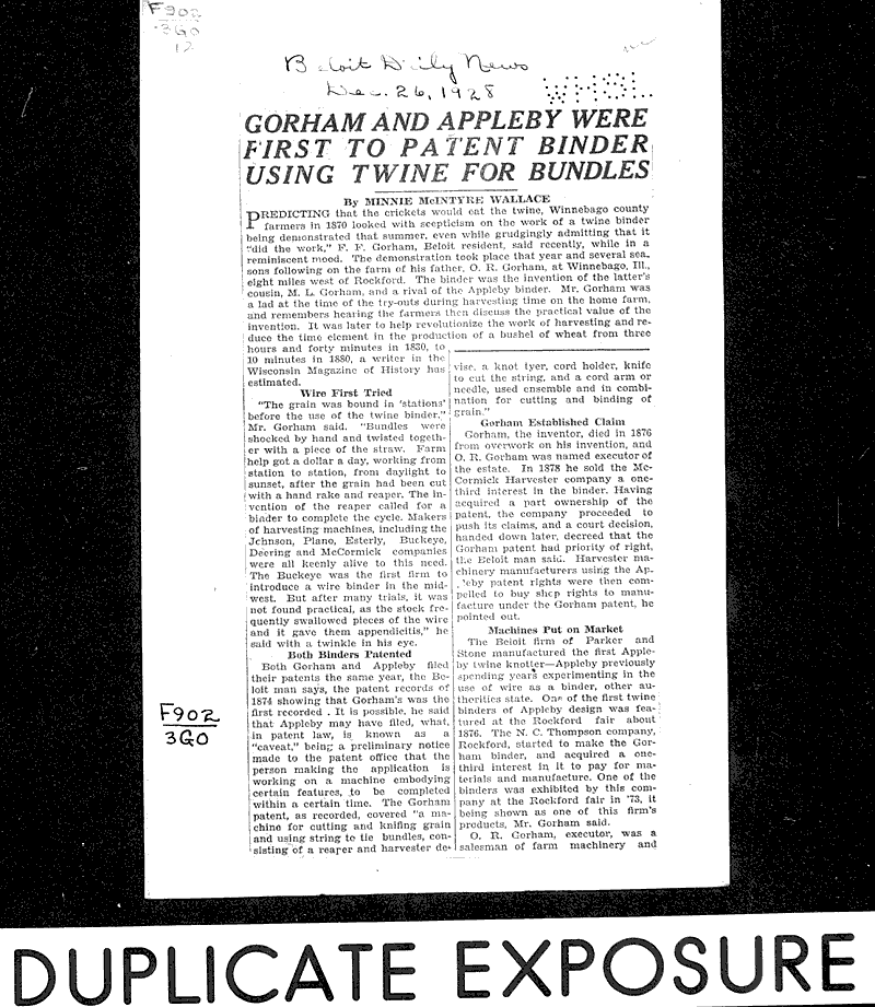 Gorham and Appleby were first to patent binder using twine for bundles ...