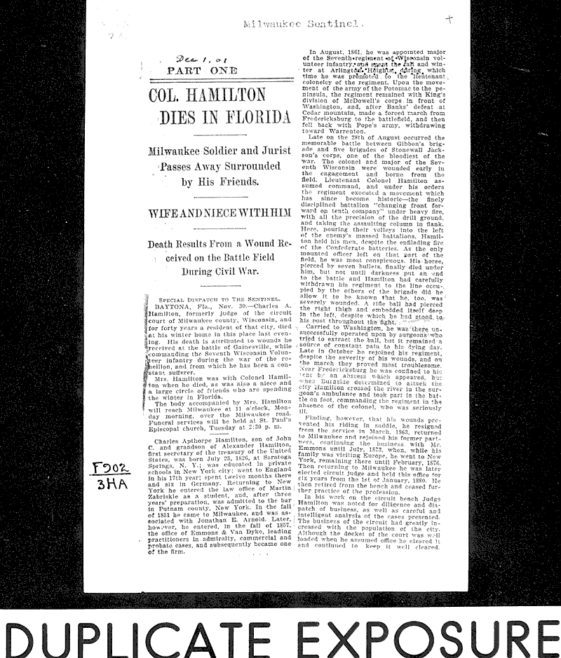 Col. Hamilton dies in Florida | Newspaper Article/Clipping | Wisconsin ...