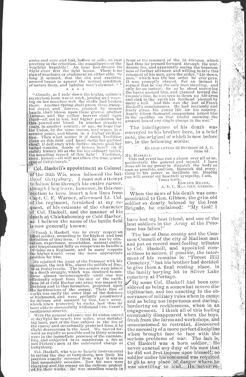 Col. Frank A. Haskell | Newspaper Article/Clipping | Wisconsin ...