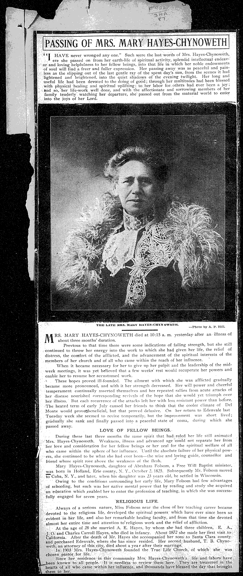 The late Mrs. Mary Hayes-Chynoweth | Newspaper Article/Clipping ...