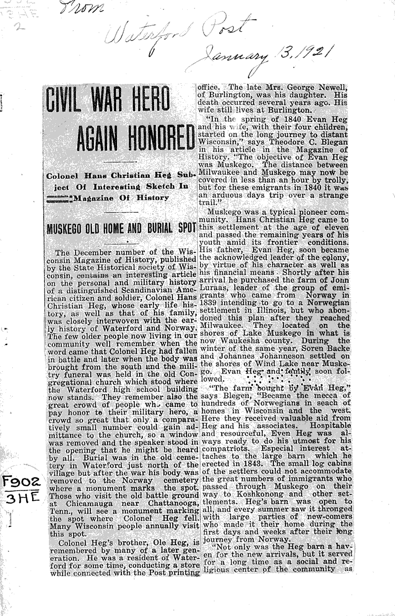 Civil war hero again honored | Newspaper Article/Clipping | Wisconsin ...