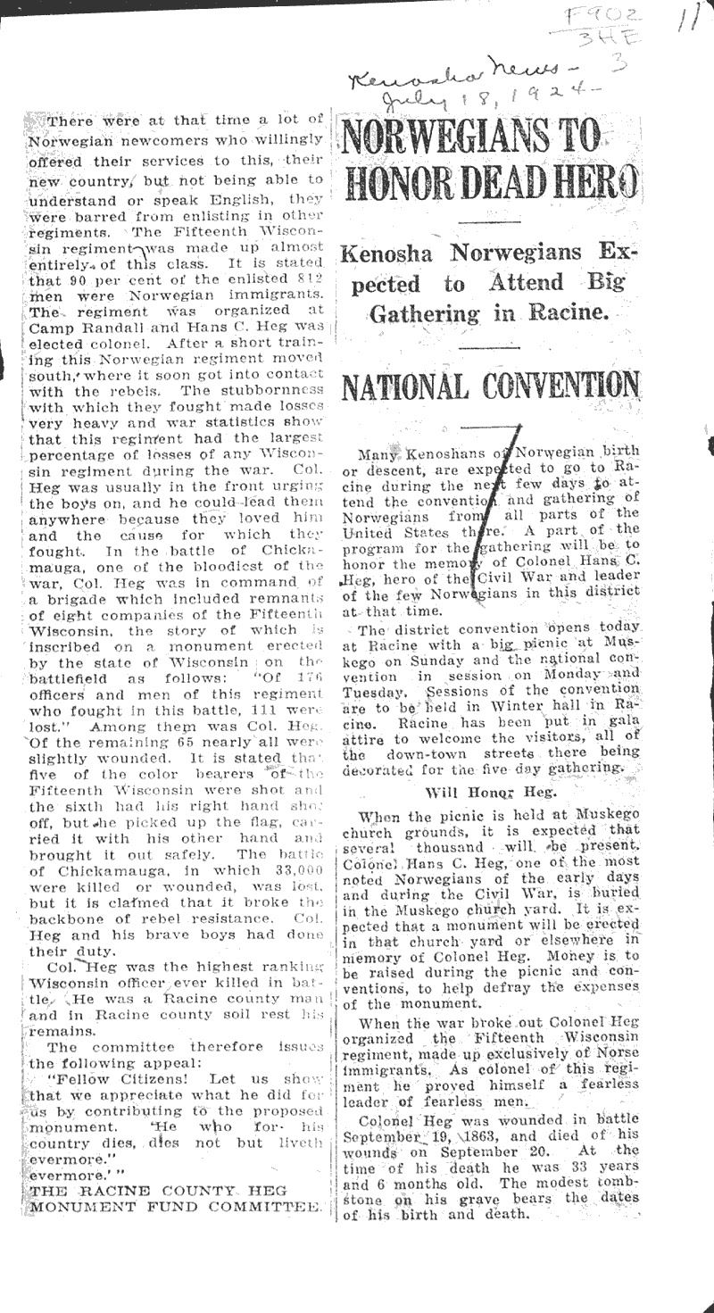 Norwegians to honor dead hero | Newspaper Article/Clipping | Wisconsin ...