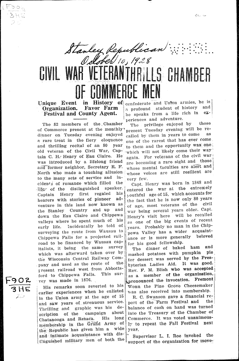 Civil War veteran thrills Chamber of Commerce men | Newspaper Article ...