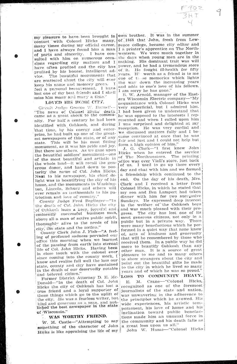 Col. John Hicks is dead | Newspaper Article/Clipping | Wisconsin ...