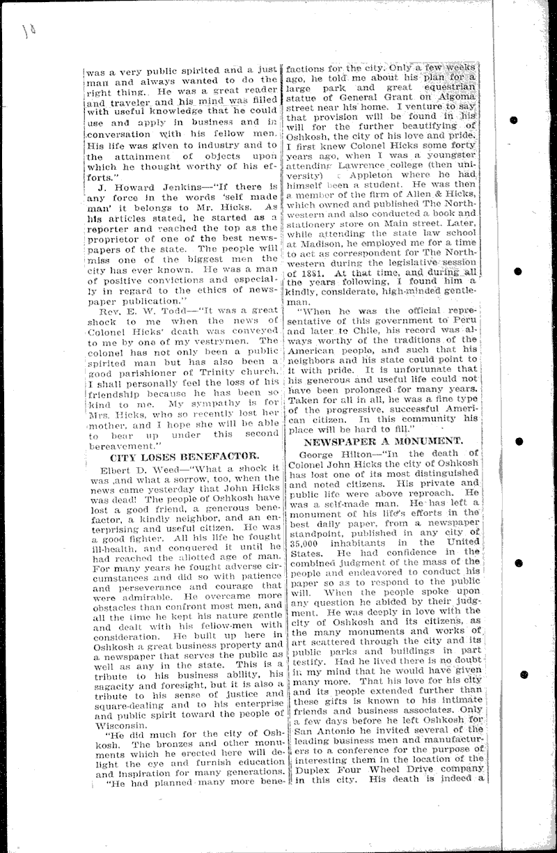 Col. John Hicks is dead | Newspaper Article/Clipping | Wisconsin ...