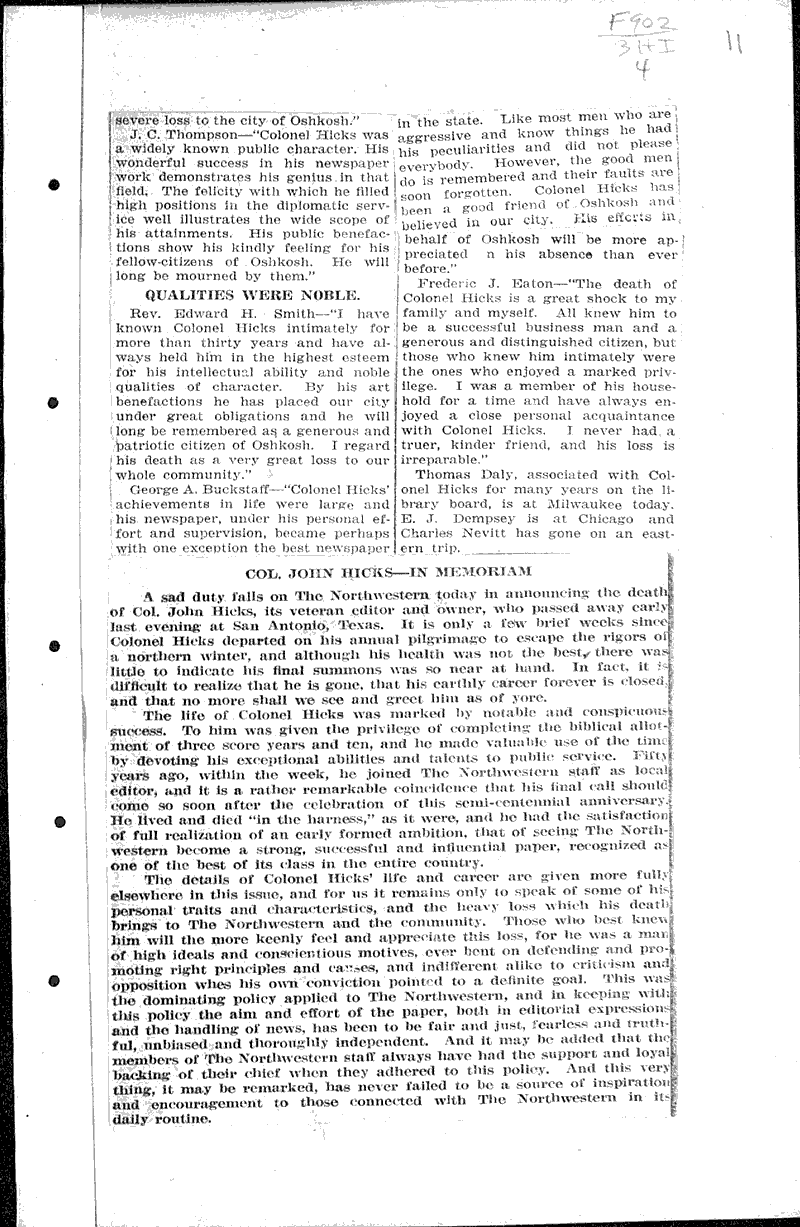 Col. John Hicks is dead | Newspaper Article/Clipping | Wisconsin ...