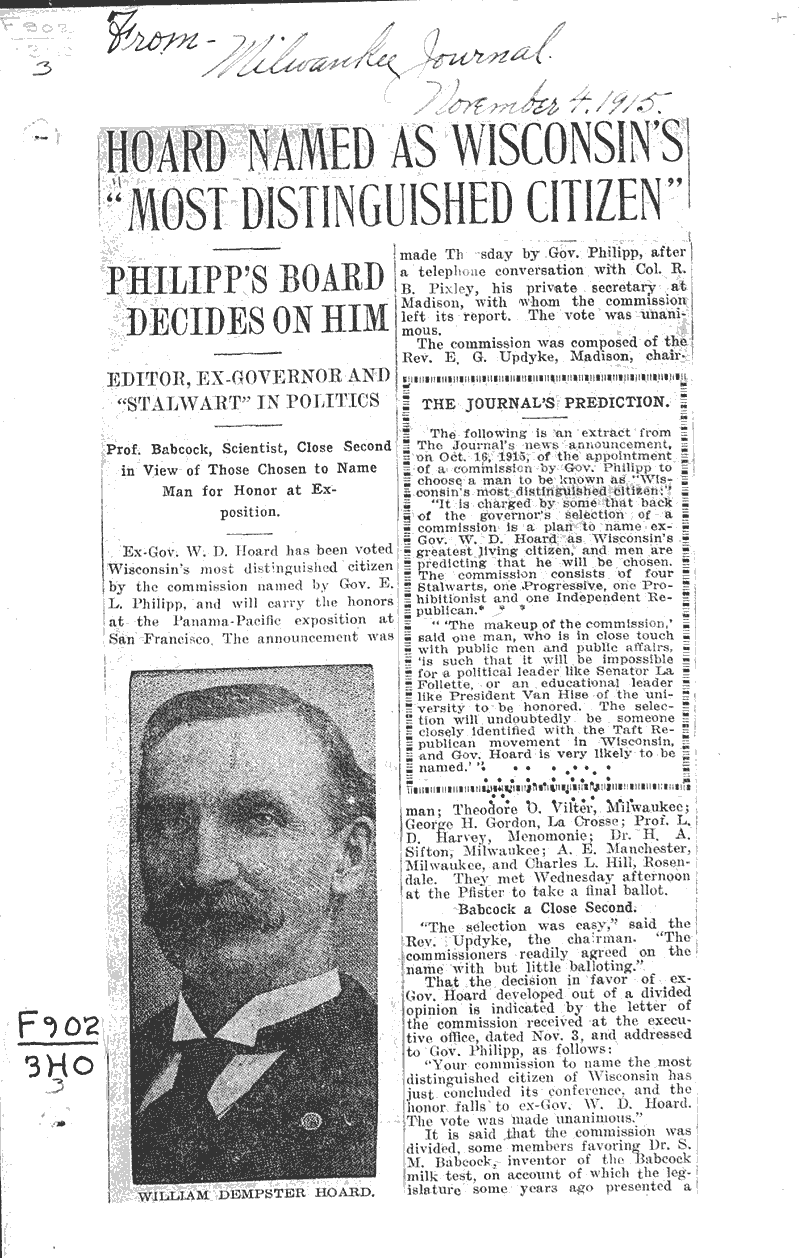 Hoard named as Wisconsin's most distinguished citizen | Newspaper ...