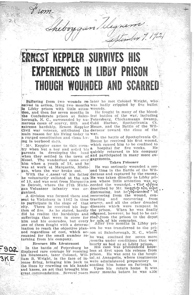 Ernest Keppler survives his experiences in Libby prison though wounded ...