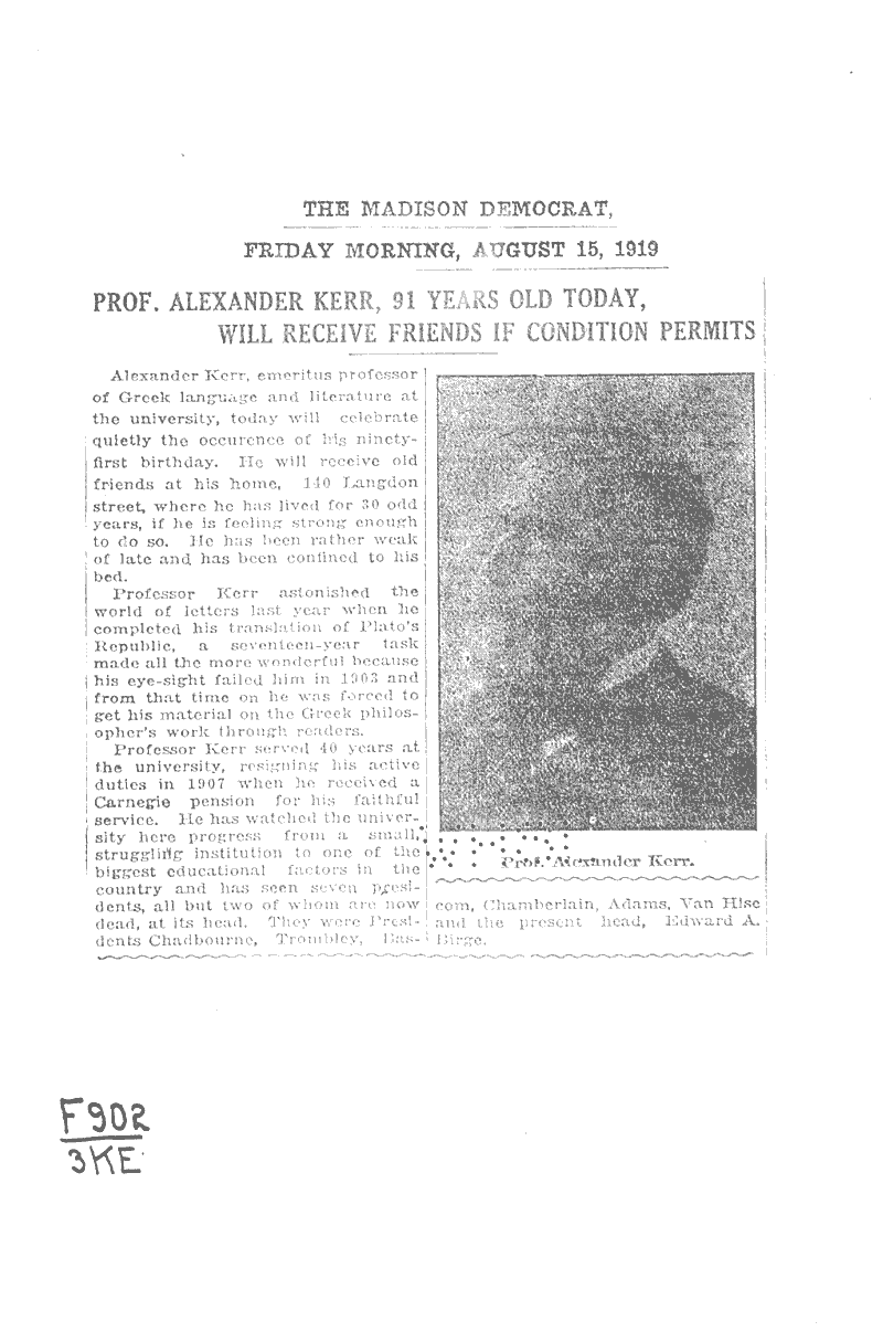 Prof. alexander kerr, 91 years old today, will receive friends if ...