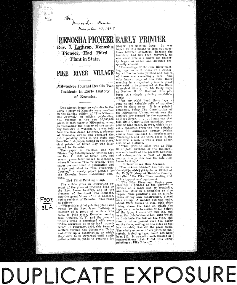 Kenosha pioneer early printer | Newspaper Article/Clipping | Wisconsin ...