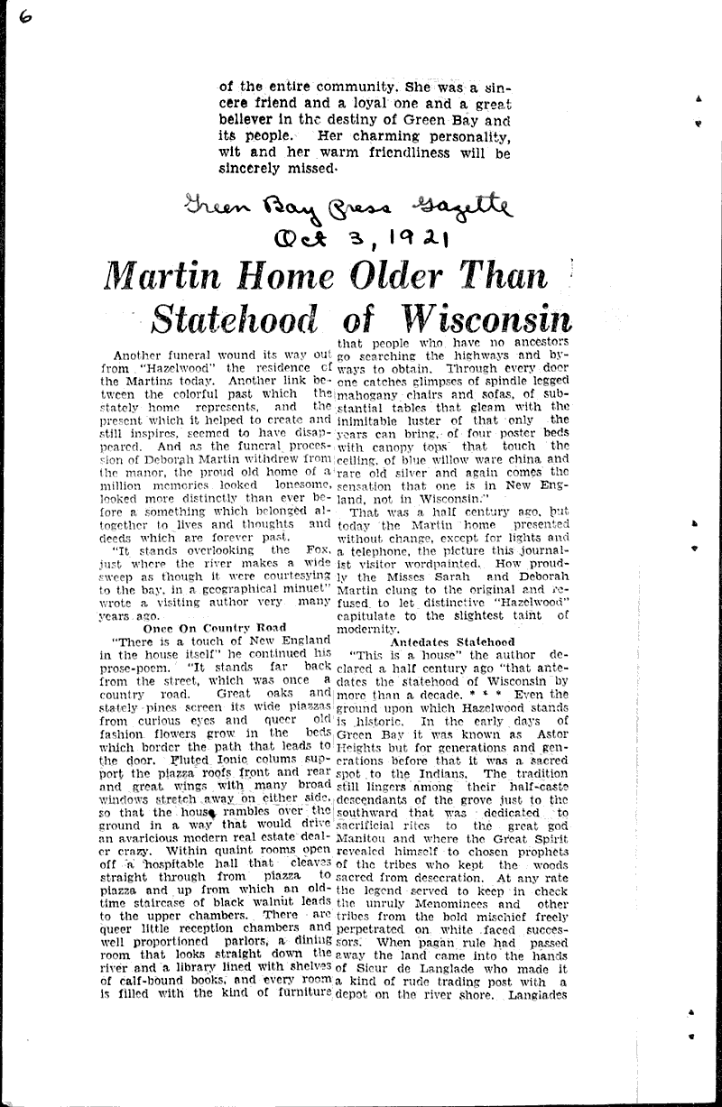Martin home older than statehood of wisconsin | Newspaper Article ...