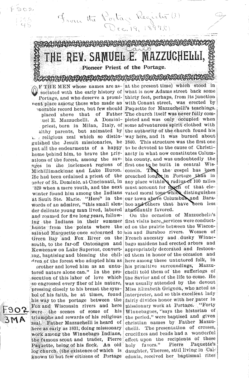 The Rev. Samuel Carlo Mazzuchelli, pioneer priest of the portage ...