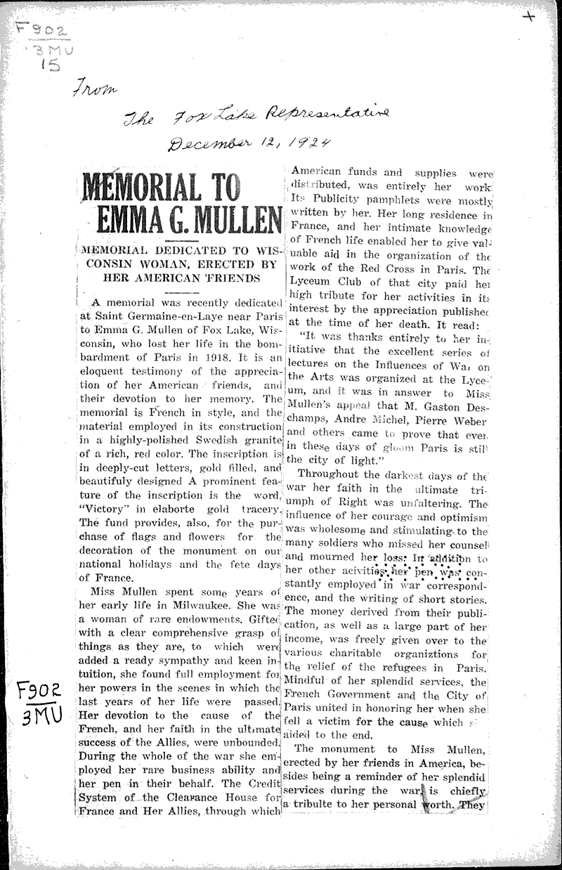 Memorial to Emma G. Mullen | Newspaper Article/Clipping | Wisconsin ...