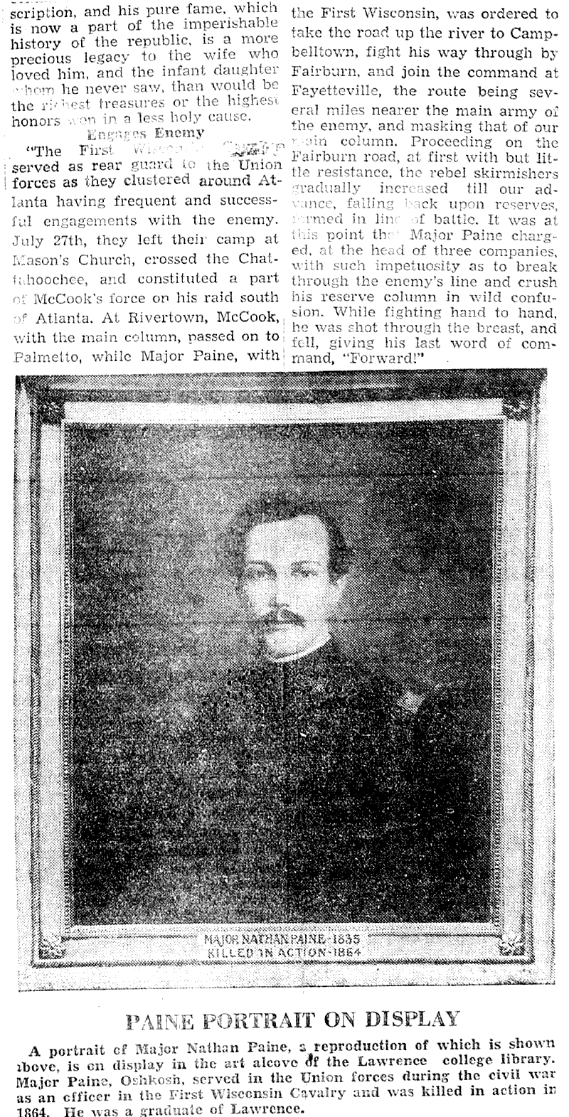 Portrait recalls war record of Major Paine | Newspaper Article/Clipping | Wisconsin Historical ...