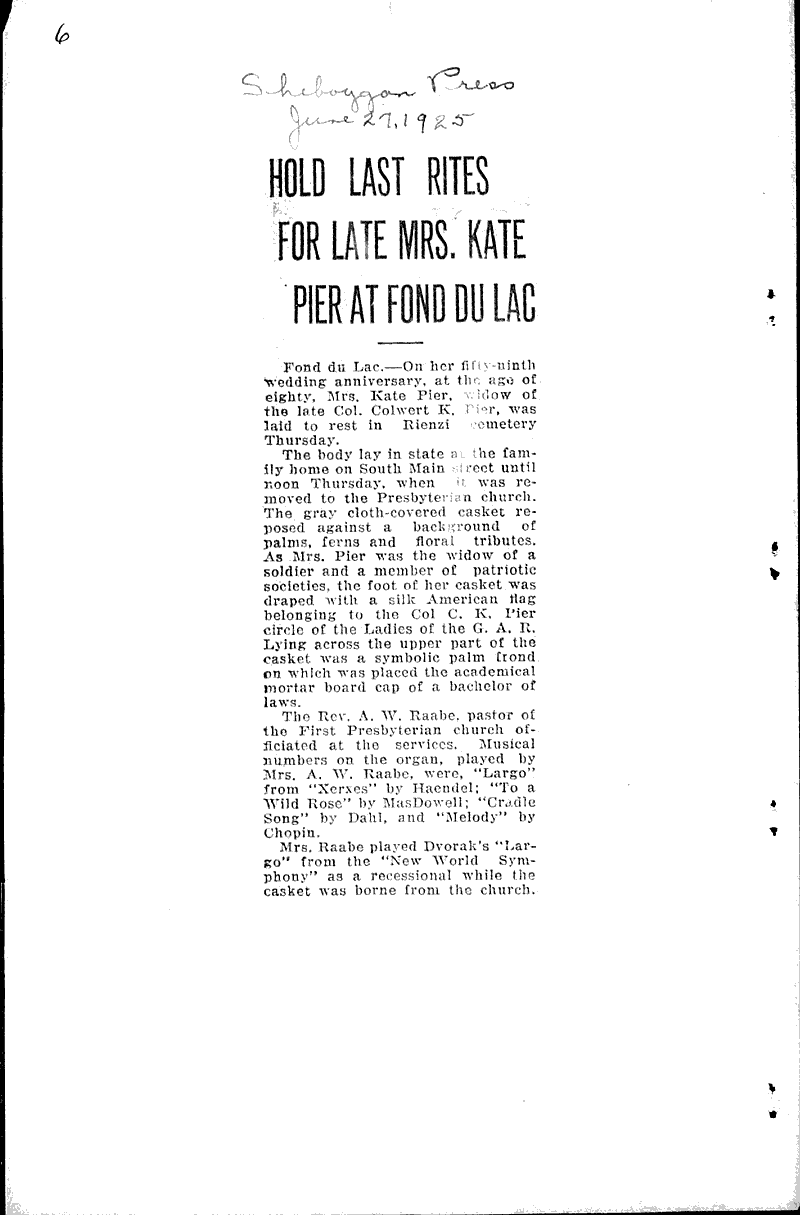 Hold last rites for Mrs. Kate Pier at Fond du Lac | Newspaper Article ...