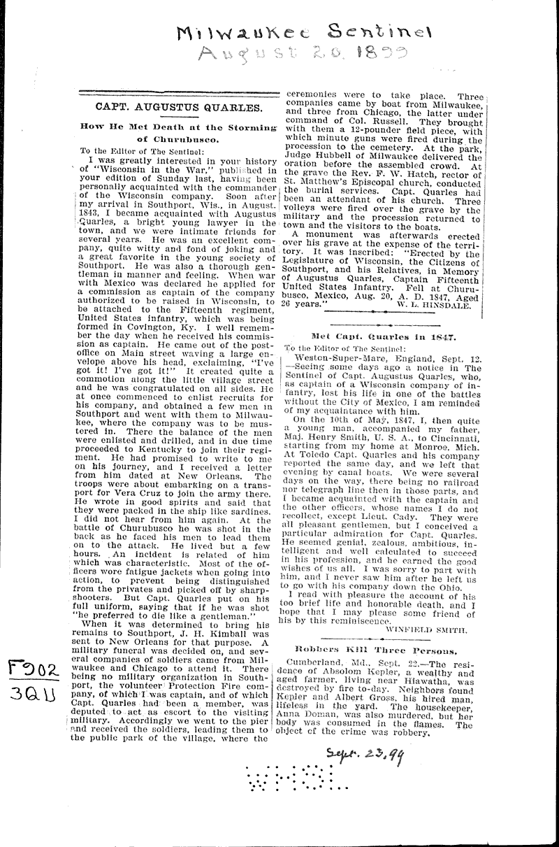 Capt. Augustus Quarles | Newspaper Article/Clipping | Wisconsin ...