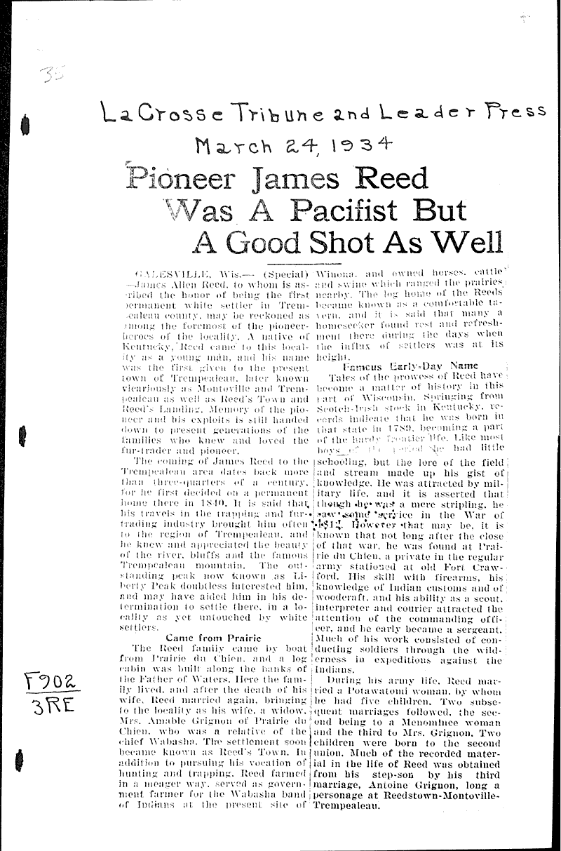 Pioneer james reed was a pacifist but a good shot as well | Newspaper ...