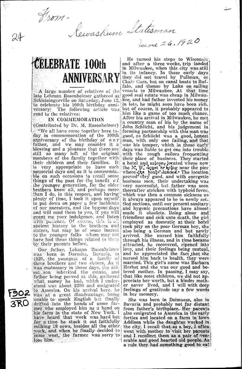 Celebrate 100th anniversary | Newspaper Article/Clipping | Wisconsin ...
