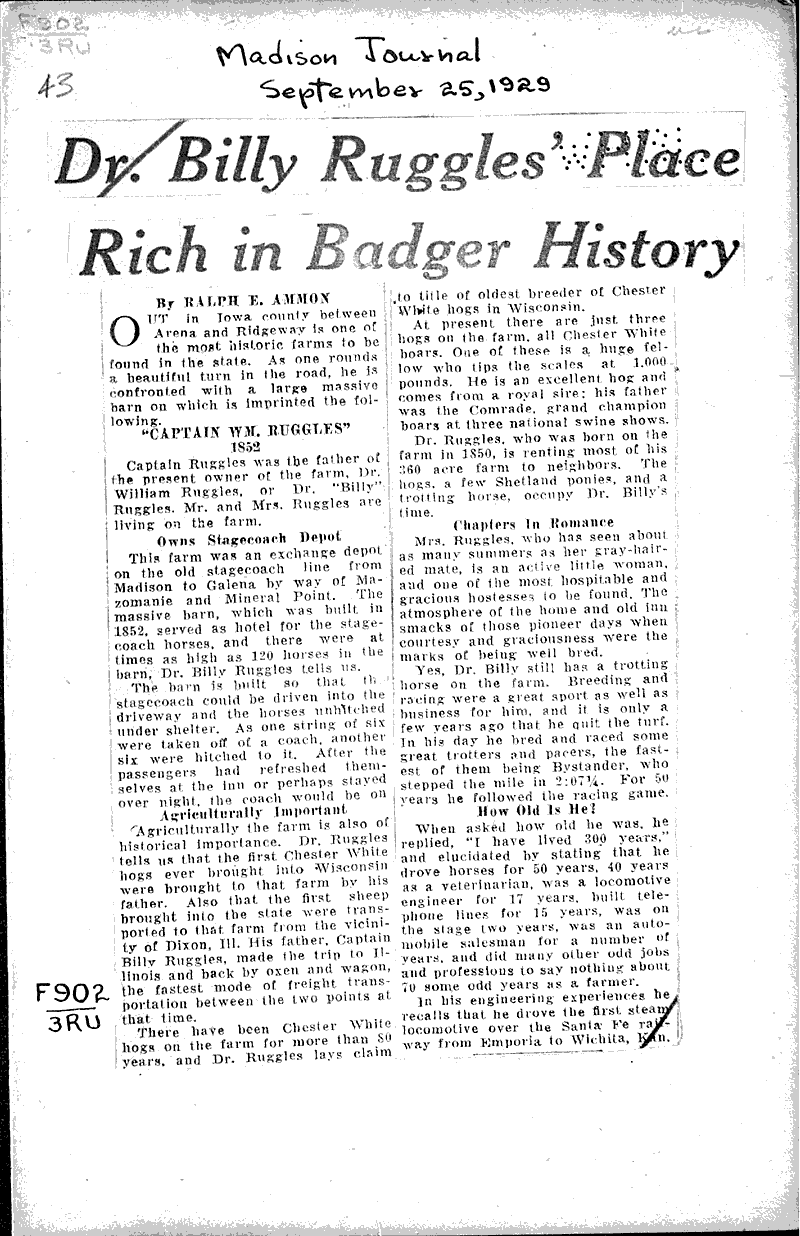 Dr. billy ruggles' place rich in badger history | Newspaper Article ...