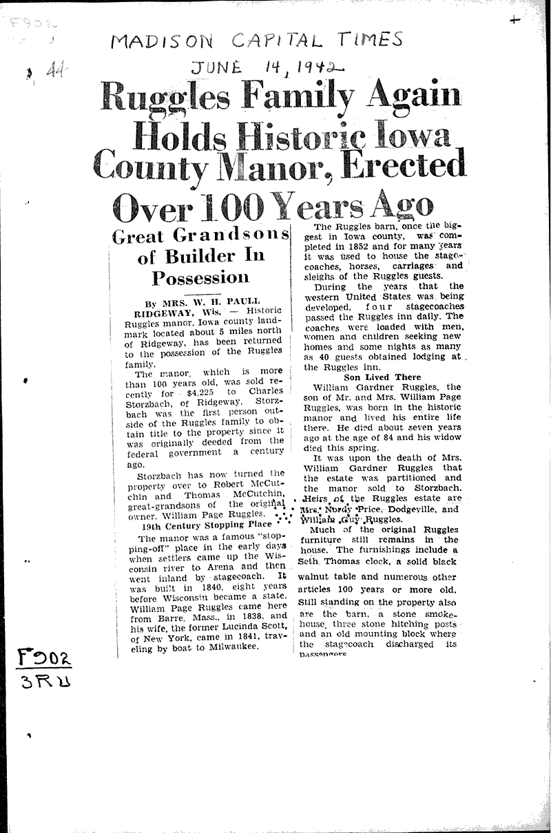 Ruggles family again holds historic iowa county manor, erected over 100 ...