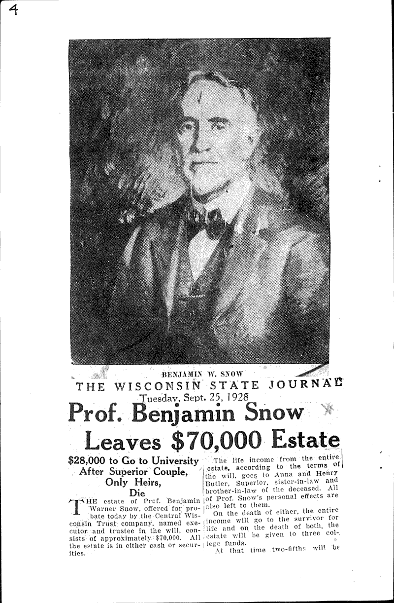 Prof. Benjamin Snow leaves $70,000 estate | Newspaper Article/Clipping ...