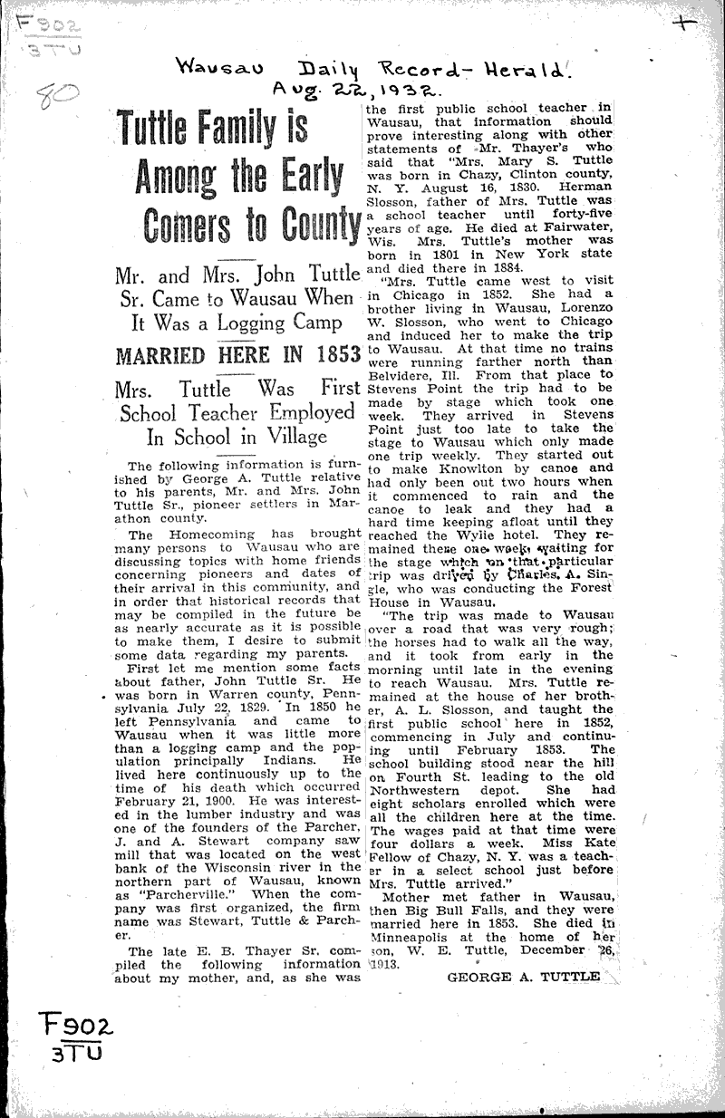 Tuttle family is among the early comers to county | Newspaper Article ...