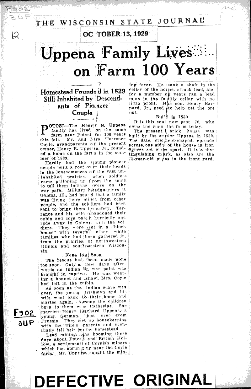 Uppena family lives on farm 100 years | Newspaper Article/Clipping ...