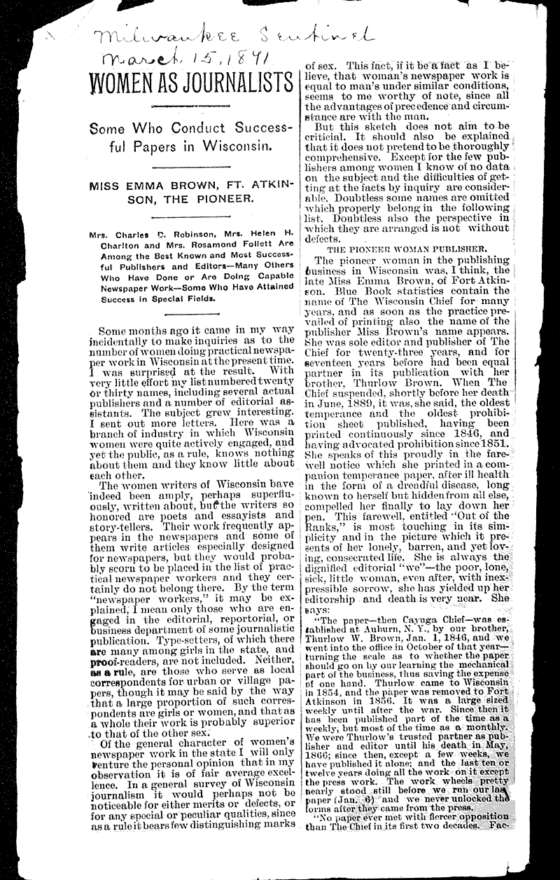 Women as journalists | Newspaper Article/Clipping | Wisconsin ...