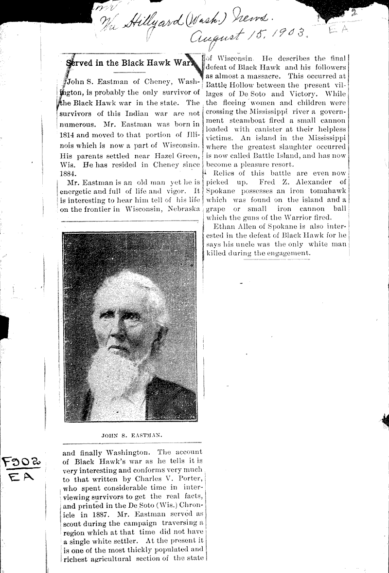 Served in the Black Hawk War | Newspaper Article/Clipping | Wisconsin ...