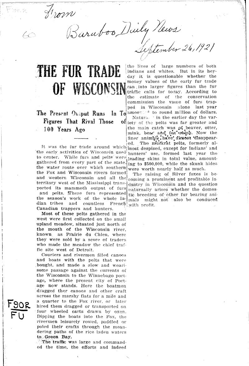 The fur trade of Wisconsin | Newspaper Article/Clipping | Wisconsin ...