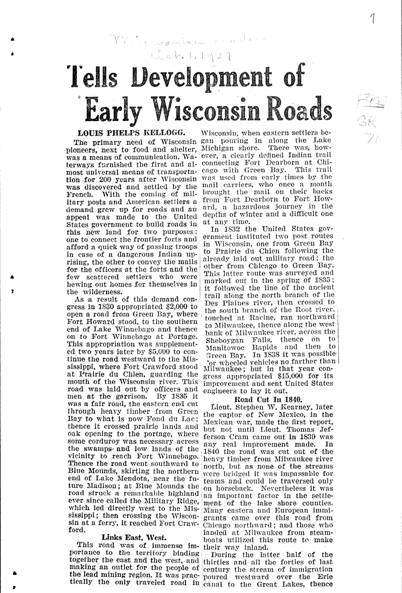 Tells development of early wisconsin roads | Newspaper Article/Clipping ...