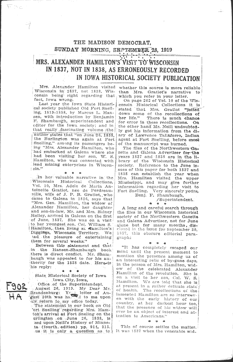 Mrs. Alexander Hamilton's visit to Wisconsin in 1837, not in 1838, as ...