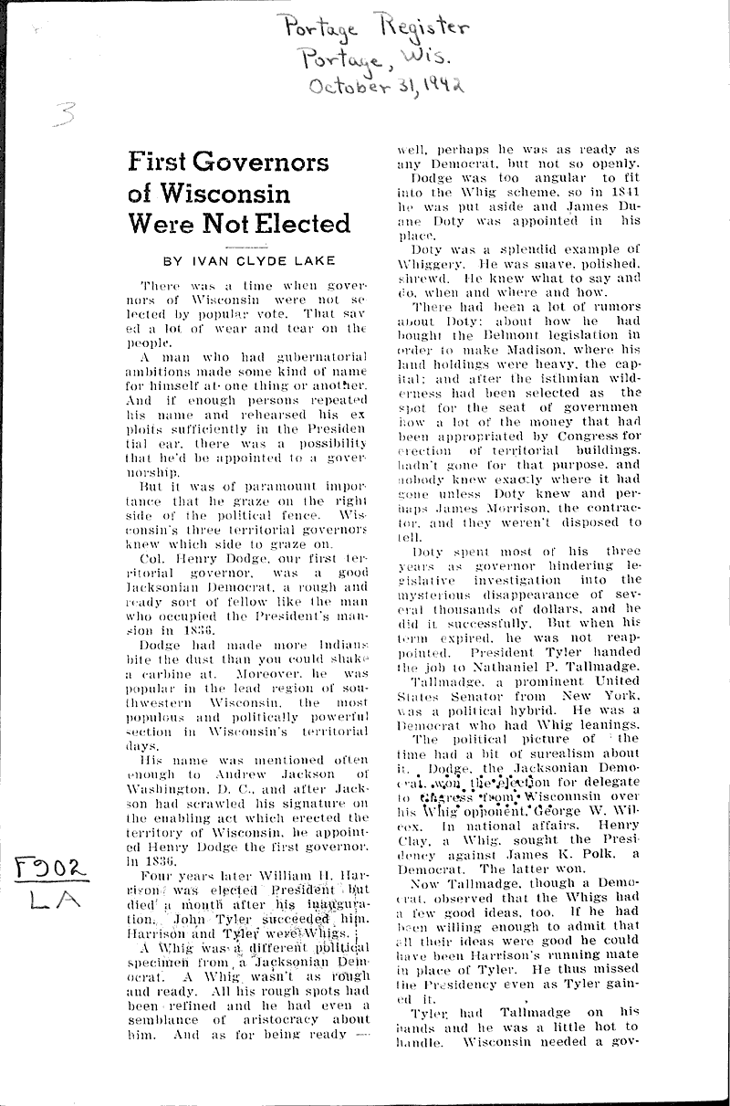 First governors of wisconsin were not elected | Newspaper Article ...